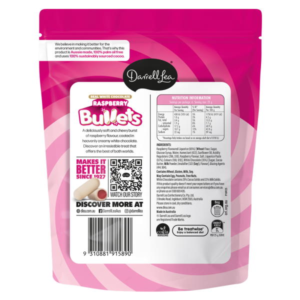 White Chocolate Raspberry Liquorice Bullets 150g | Darrell Lea